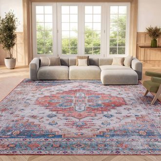 Safavieh Traditionell Teppich f&uuml;r Maschinenwaschbar und rutschfest - Ideal f&uuml;r stark frequentierte Bereiche - Tucson Collection, Kurzer Flor, Blau und Beige, 6