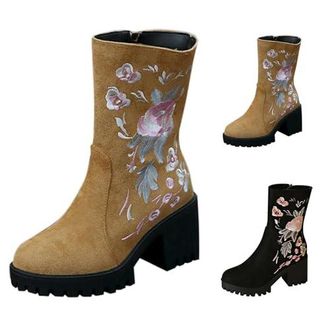 Generic Bottines dhiver imperm&eacute;ables en daim synth&eacute;tique avec fermeture &eacute;clair lat&eacute;rale - Chaussures chaudes &agrave; talons &eacute;pais brod&eacute;s de fleurs - Bottes dext&eacute;rie