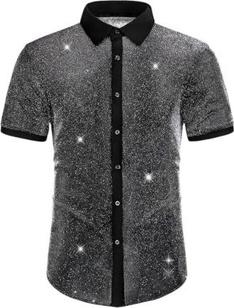 Generic Chemise disco vintage des ann&eacute;es 70 pour homme - Chemise boutonn&eacute;e &agrave; paillettes - Chemise &agrave; manches courtes - Coupe ajust&eacute;e - Chemise m&eacute;tallique r&eacute;tro