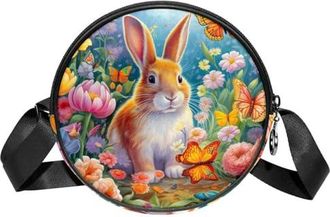 Generic Petit sac &agrave; bandouli&egrave;re circulaire pour femme, motif floral, lapin, sac &agrave; dos &agrave; bandouli&egrave;re avec fermeture &eacute;clair, bretelles r&eacute;glables, sac &agrave; main ron