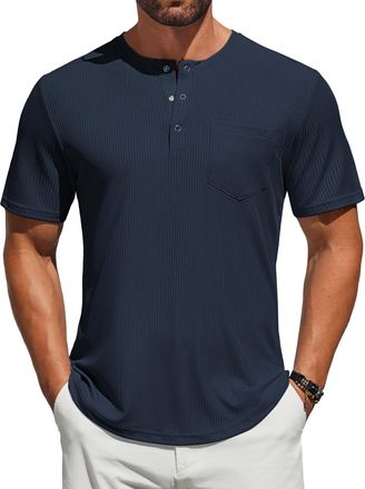 Coofandy Herren Henley Shirt Männer T-Shirt Geripptes Kurzarm Sommer Shirt mit Tasche Knopfleiste Basic Tee Blauviolett S