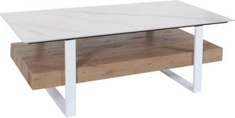 Hhg Couchtisch HHG 027, Wohnzimmertisch Tisch, Ablage Eisen 43x120x60cm Sinterstein Marmor-Optik weiß Holz natur
