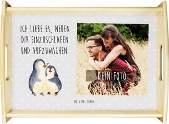 Mr. & Mrs. Panda Personalisiertes Foto Serviertablett Pinguine Einschlafen - Geschenk, Freundin, Valentinstag, für, Frauen, Service Tablett, Mitbringsel, Hochzeitstag,