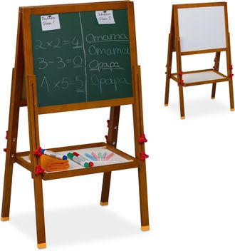 Relaxdays Kinderstandtafel, magnetische Spieltafel, höhenverstellbar, 81-104x45x42 cm, Whiteboard & Kreidetafel, braun
