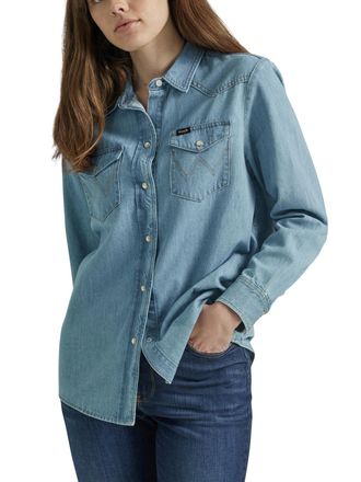 Wrangler Damen Boyfriend Denim Snap Closure Shirt, Gletscher, Mittel
