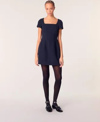Maje Robe Courte En Tweed - Bleu Marine - Taille 42 - Maje