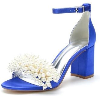 Generic Chaussures De Mariage Femmes Bloc Chunky Haut High Talon Heel Ouvert Bout Sandales Lani&egrave;res Cheville Mari&eacute;e Talons Chaussures 8Cm,Bleu,42 EU