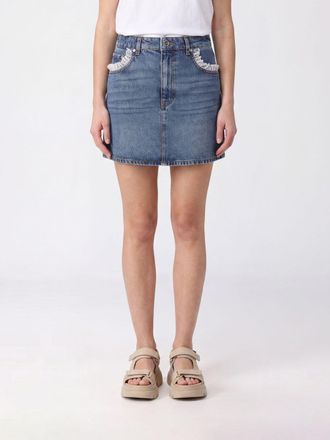 Ganni Mini-jupe crayon en jean &agrave; taille haute avec empi&egrave;cements en dentelle