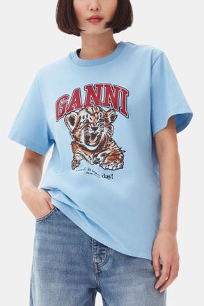 Ganni blau Blaues, lockeres Basic-T-Shirt Tiger aus Jersey Bio-Baumwolle - Gr&ouml;&szlig;e XXS