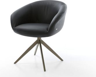 DELIFE Drehstuhl Vinka-Flex mit Armlehnen Echt-Leder Schwarz Kreuzgestell breit Effektfinish Titan 360&deg; drehbar Wippfunktion Taschenfederkern, Esszimmerst&uuml;hl