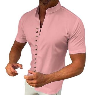 Generic Chemise en coton et lin pour homme - Chemisier dentra&icirc;nement en coton et lin - Col montant - Chemise &agrave; manches courtes - Cardigan l&eacute;ger pour homme, ro