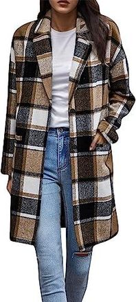 Generic Trench-Coat Femme Automne/Hiver en Laine &agrave; Carreaux avec Col Rabattable et Poche, kaki, M