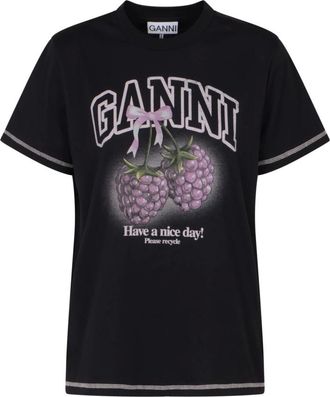 Ganni Femme, Tops, Noir, Taille: 36 FR Basic Cotton Jersey Raspberry Print