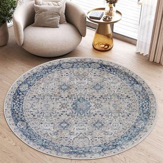 Tapiso Valley Rond Tapis Poil Court Vintage Bleu Gris Miel Mouchet&eacute; Ornamental Bordure Tapis Salon Chambre Salle &agrave; Manger Bureau Oeko-TEX R&eacute;sistant 200 x 200
