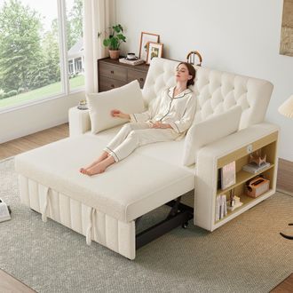 Merax Schlafsofa 2-Sitzer Sofa mit Schlaffunktion, Modernes Klappsofa 3-in-1 Schlafcouch mit Verstellbarer R&uuml;ckenlehne, USB-Ladeanschluss, Seitliche Ablage 
