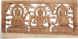 Guru Shop Geschnitztes Wandbild Deko Wandrelief - 3 Buddhas, 26x50x1 cm