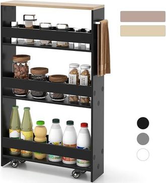 Giantex Chariot de Rangement 13 cm Large, Desserte &agrave; roulettes 4 Niveaux avec Poign&eacute;e, 3 Barres, Meuble Cuisine Etroit, pour Salle de Bain, Salon, 47,5 x 13 x