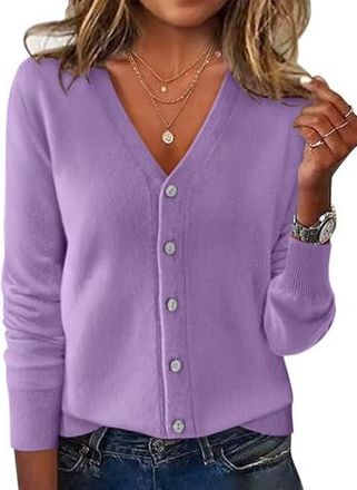 Minetom Cardigan Femme Gilet avec Boutons Et Col en V Léger Et Elégant Manches Longues Veste Tricot A Violet XL