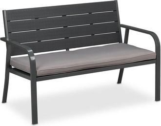 Relaxdays Relaxdays Banc de jardin avec coussin, aspect bois, HxLxP : env. 78 x 118 x 66 cm, 2 places, stable, en plastique, gris