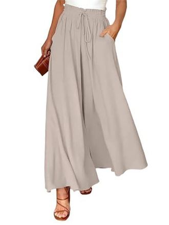 Generic Élégant pantalon à pois imprimé taille haute plissé, jambe large, pantalon large pour femme, noeud réglable, beige, 3XL