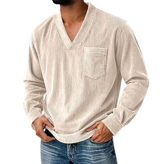 Generic Chemise &agrave; manches longues en velours c&ocirc;tel&eacute; pour homme - Col en V - Coupe ample - Style d&eacute;contract&eacute; et tendance, kaki, XXL