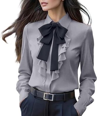 Generic A10 Chemise en satin élégante à manches longues et col bénitier pour femme pour le travail, le bureau, le travail, Z06-gris, S
