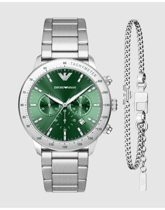 Emporio Armani Chronograph-Uhr und Armband-Set aus Edelstahl in Silber
