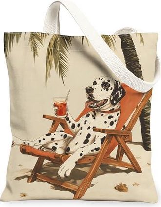Generic Sac fourre-tout amusant en toile pour faire du shopping - 33 x 38,1 cm - Motif chien dalmatien vintage - R&eacute;utilisable - Pour femme - D&eacute;coration de cad