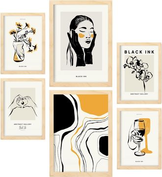 Nacnic Set mit 6 Postern in schwarzer Tinte. Anspruchsvoll. Künstlerische und abstrakte Drucke für Innenarchitektur und Dekoration. A3 & A4 Holzfarbe Rahmen