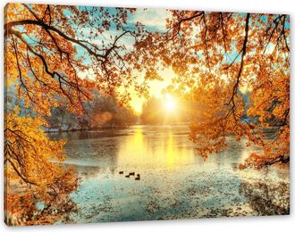 Pixxprint Herbstbäume um See bei Sonnenuntergang, Größe: 100x70cm, Leinwandbild, fertig gespannt, Wandbild, Dekoration, Kunstdruck, kein Poster