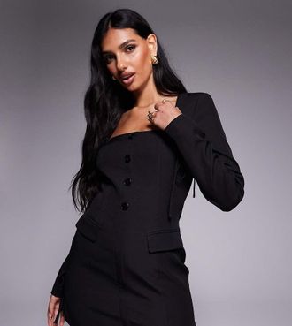 KAIIA Exklusiv - Kurzes elegantes Blazer-Kleid in Schwarz mit eckigem Ausschnitt, Schleife und B&uuml;ndchen