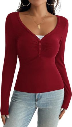 Minetom Langarmshirt Damen Tshirt V-Ausschnitt Knopfleiste Oberteile Sexy Slim Fit T-Shirt Stretch Spitze Patchwork Basic Tops A Rot S