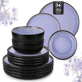 VANCASSO AMBER Service de Table 12 Personnes, Set Vaisselle 36 Pièces en Grès - Assiettes Plates, Assiettes à Dessert et Bols - Adapté au Micro-Ondes, Glaçure 