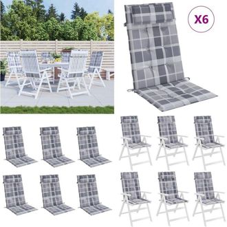 vidaXL Hochlehner-Auflagen 6 Stk. Grau Karomuster Oxford-Gewebe - Au&szlig;enbereich - Gartenm&ouml;bel