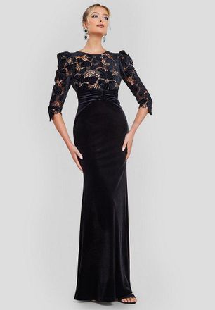 Goddiva Maxikleid Scalloped Velvet Crochet Maxi Dress langes Kleid