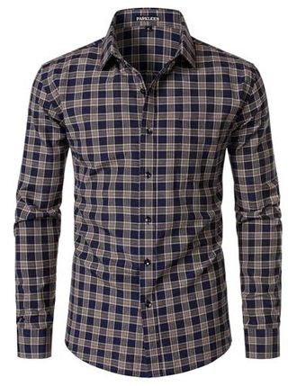 PARKLEES Chemise légère à carreaux pour homme, coupe ajustée, à carreaux, chemise boutonnée à manches longues avec poche, Jaune marine, S