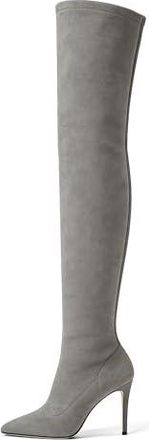 elashe Cuissardes Femme Bottes Gris Clair Femme Talon Hiver Bottes Hautes &eacute;l&eacute;gantes En daim &agrave; talon aiguille 10 cm pointe fine avec fermeture &eacute;clair lat&eacute;rale