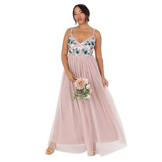 Maya Womens Maxi Dress Ladies Sleeveless Plunge V-Neck Cami Floral Sequin Embellished Tulle A-Line for Occasion Ball Gown, Robe Femme, Frosted Pink