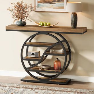 Tribesigns 120cm Konsolentisch, industrieller 5-Etagen-Sofa-Tisch Eingangstisch mit kreisförmigem Sockel, schmale Holz-Akzenttische mit Lagerregalen für Wohnzimm