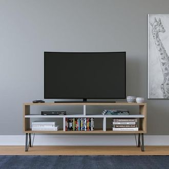 Hanah Home Stylish TV Stand with Wall-Mount Option, Oak & White, 120 x 25 x 46.6 cm | 100% Melamine Coated Particle Board, 18 mm Thick | Multiple Shelves for Mod
