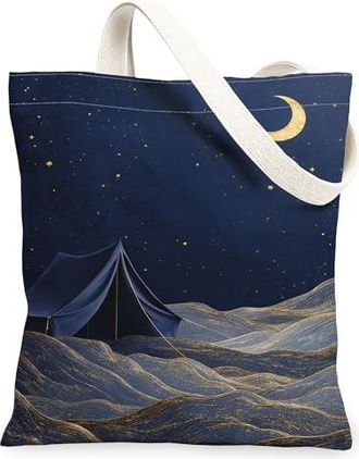 Generic Sac fourre-tout en toile motif tente de camping r&eacute;utilisable d&eacute;t&eacute; vintage l&eacute;ger lavable &eacute;paule Str, bleu marine, 13x15 Inch