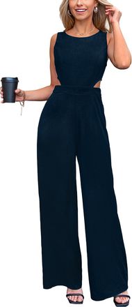Cupshe Damen-Jumpsuit mit Ausschnitt, Rundhalsausschnitt, ärmellos, rückenfrei, lang, weites Bein, lässiger, eleganter Playsuit, marineblau, XS