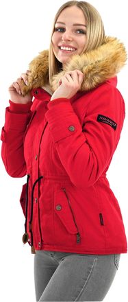 Navahoo Damen Winterjacke (XS-XXL) - 100% Baumwolle Obermaterial, Teddy Fleece innen, Kunstfell abnehmbar, Warme Jacke Frauen B643 (XS, Rot)