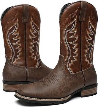 Generic Bottes Western pour Hommes Style Cowboy &agrave; Enfiler, Bout carr&eacute;, en Cuir PU brod&eacute;, mi-Mollet, pour Ferme, Ranch, &eacute;quitation et Style Country,Marron,42.5