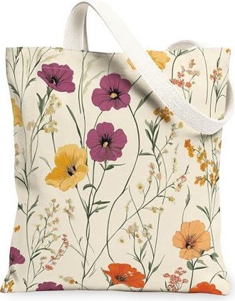Generic Sac fourre-tout en toile r&eacute;utilisable pour le shopping, 33 x 38 cm, motif floral sauvage vintage, sac d&eacute;picerie pour femme, esth&eacute;tique, plage, peintur