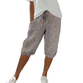 Generic Short court en coton et lin pour femme avec cordon de serrage et taille &eacute;lastique - Pantalon court ray&eacute; avec poches - Longueur genou - Pantalon d&eacute;cont