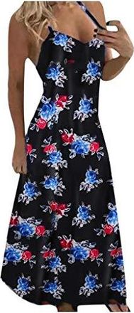 Generic Robe boh&egrave;me pour femme, col en V, imprim&eacute; floral, sans manches, &eacute;l&eacute;gante, bleu, XXL