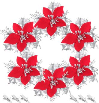 Angoily 6 Glitzernde K&uuml;nstliche Weihnachtssterne Rot mit Clip Festlicher Baumschmuck Lebensechte Weihnachtsblumen f&uuml;r Weihnachtsbaumdekoration und Kranzgestal