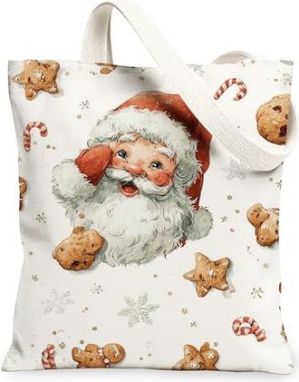 Generic Sacs fourre-tout en toile de No&euml;l, motif P&egrave;re No&euml;l festif et biscuits, sacs de courses r&eacute;utilisables, sacs de courses fantaisie, l&eacute;gers et lavables &agrave; 