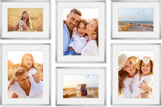 Photolini silberne Bilderrahmen Set verschiedene Größen, 6 MDF Holz Bilderrahmen mit Passepartout, Bilder Rahmen mit Acrylglas, No.9 Bilderrahmenset zum Aufhäng